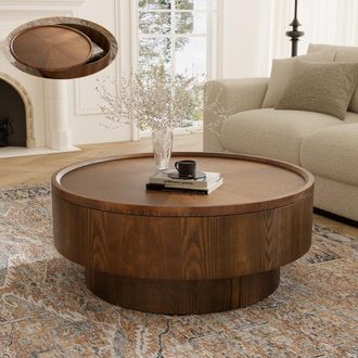 Generic Runder Couchtisch mit Stauraum f&uuml;rs Wohnzimmer, moderner, handgefertigter, luxuri&ouml;ser runder Trommeltisch mit Massivholzfurnier und stabilem Sockel f&uuml;