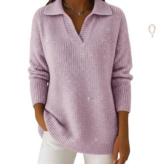 Generic Pull à col polo brillant pour femme - Col en V - Pour fête de Noël, violet clair, 3XL