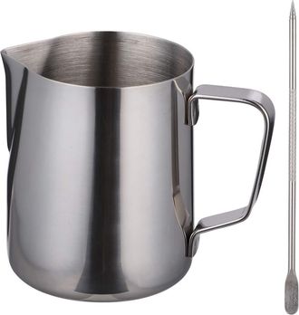 Yarnow Milchkanne 350Ml Edelstahl Milch Schaumkugel Espresso Milch Fruchter Pitcher mit Latte Art Stift Metall Milch Pitcher Cup für Home Coffee Shops (Mit I
