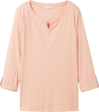 Tom Tailor Damen Henley Longsleeve mit Streifen aus Bio-Baumwolle, 35225 - Apricot Offwhite Stripe Ck, XXXL