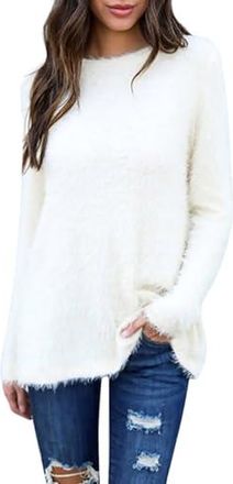 Generic T-shirt &agrave; manches longues pour femme - Couleur unie - En peluche - &Eacute;l&eacute;gant - Col en V, blanc, 3XL