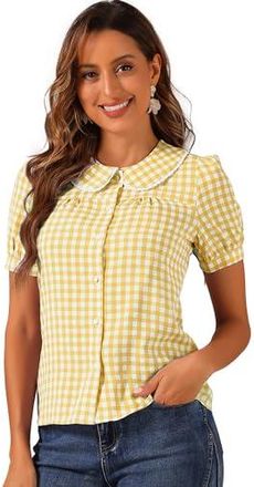 Allegra K Chemisier à Carreaux pour Femmes Contraste à Manches Courtes Bouffantes Haut Chemise à col Claudine Jaune XS