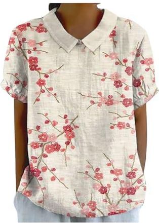 Generic T-shirt d&eacute;t&eacute; pour femme - Col rond &eacute;l&eacute;gant - Col rond - Chemise en lin imprim&eacute;e - Pull ample - T-shirt d&eacute;contract&eacute;, Blanc., XXL