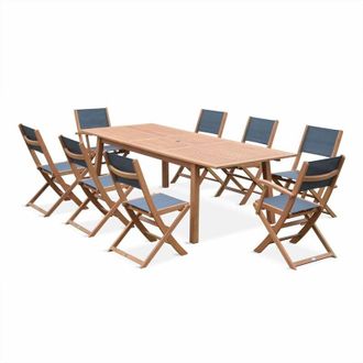 Sweeek Salon de jardin en bois Almeria. grande table 180-240cm rectangulaire 2 fauteuils 6 chaises eucalyptus et textil&egrave;ne Bois / Anthracite