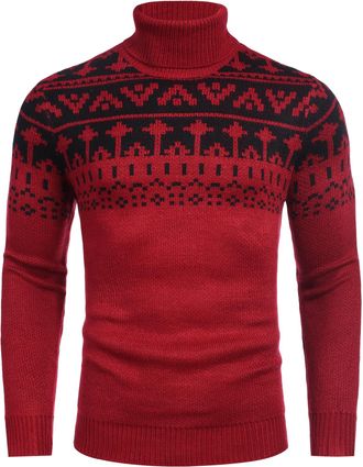 Coofandy Pullover Herren Norwegermuster Rollkragenpullover Winter Strickpullover Weihnachten Pulli Rot XL