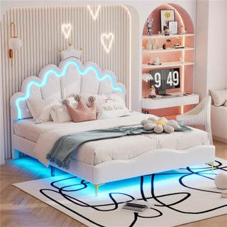 Generic Polsterbett Kronenf&ouml;rmiges Prinzessinnenbett Einzelbett PU-Leder Jugendbett Mit Verstellbarer LED Doppelbett F&uuml;r Erwachsene Jugendliche G&auml;stebett Bett