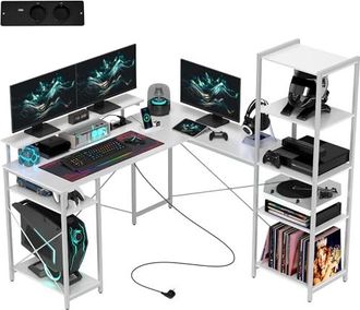 HOMCOM Bureau dangle en Forme L, Bureau dordinateur avec Rangement 137 cm - Prise int&eacute;gr&eacute;e, Support d&eacute;cran, Support CPU et &eacute;tag&egrave;re de Rangement, pour Petit E