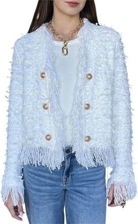 Generic Cardigan à franges tendance pour femme, veste boutonnée sur le devant, manteau tendance en fausse fourrure, vestes habillées à poils longs, blanc, XXL