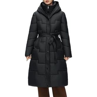 Generic Veste matelass&eacute;e l&eacute;g&egrave;re &agrave; capuche pour femme - Manteau alternatif avec ceinture, Noir, 3XL