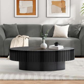 Generic Moderner ovaler Couchtisch mit geriffelter Trommelform f&uuml;r das Wohnzimmer, Kleiner minimalistischer ovaler Beistelltisch aus Holz im Mid-Century-Stil 