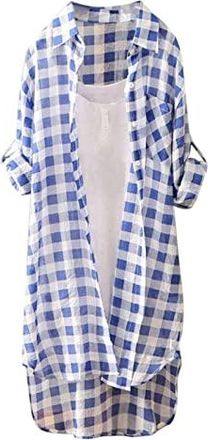 Generic Chemise surdimensionn&eacute;e boutonn&eacute;e &agrave; carreaux avec poches enroulables &agrave; manches longues pour femme - Tunique d&eacute;contract&eacute;e pour petit ami, noir fonc&eacute;, X