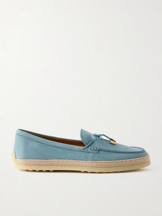 Tod's Gomma Loafers Aus Veloursleder Mit Raffiabastbesatz Und Schleife - Blau