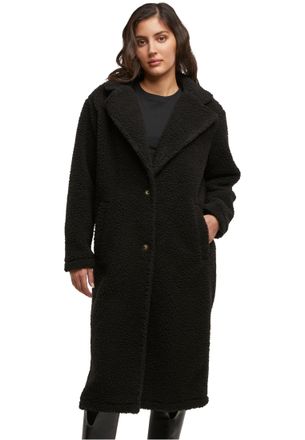 Urban Classics Damen Mantel Teddy Long Coat, langer Kuschelmantel mit weitem Kragen und Knopfverschluss, Gr&ouml;&szlig;en XS - XL