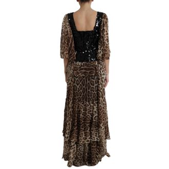 Dolce & Gabbana Leopard Print Silk Sequin Ruffle Maxi Dress - Brown