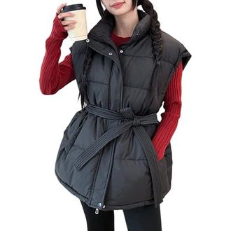 Generic Gilet matelass&eacute; pour femme, ceintur&eacute;, col montant, sans manches, chaud, fermeture &eacute;clair et boutons, noir, taille XL