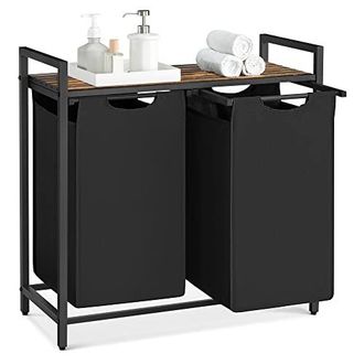 Vasagle W&auml;schekorb 2 F&auml;cher, W&auml;schesammler mit Ablage, W&auml;schebox, W&auml;schesack aus Oxford-Gewebe abnehmbar, Metallrahmen, 2 x 46 L, 73 x 33 x 72 cm, tintenschwa