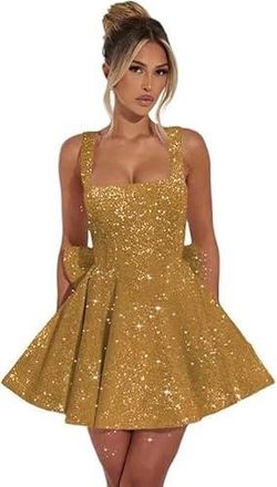 Generic Robes de soirée courte à paillettes avec bretelles spaghetti et noeud à col carré Mini robes de cocktail, doré, XXS