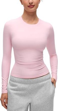 CRZ YOGA Softembrace Chemisier &agrave; Manches Longues pour Femmes Col Ras du Cou Hauts Basiques dautomne Rose Fraise 46