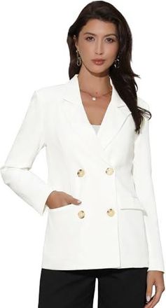 Allegra K Blazer Formel Double Boutonnage &agrave; Carreaux pour Femme Blanc uni L
