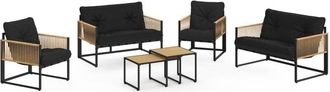 IDMarket Salon de jardin bas RIO 6 places structure m&eacute;tal noir, cordage effet rotin clair et coussins noir