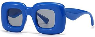 Generic Charnière métallique rétro couleur bonbon épais lunettes de soleil carrées pour femmes mode hommes nuances UV400, bleu/gris, Taille unique