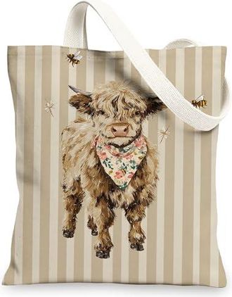 Generic Sacs fourre-tout en toile à motif de vache mignonne, sacs dépicerie réutilisables, sacs vintage à rayures, légers et lavables pour salle de sport ou, 