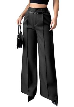 Generic Pantalon de travail à jambe large pour femme - Style décontracté - Taille haute - Confortable - Extensible - Avec poches, Noir, XXL