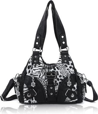 Angel Kiss Petit sac &agrave; bandouli&egrave;re pour femme en cuir v&eacute;g&eacute;talien avec plusieurs poches et fermeture &eacute;clair, L&eacute;opard noir