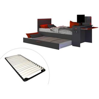 Vente-Unique Vente-unique - Lit gigogne gamer2 x 90 x 200 cm - Avec bureau - LEDs - Anthracite et rouge + Sommier - vouani