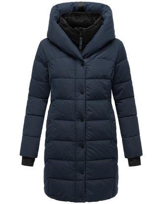Navahoo Damen Wintermantel Warmer Steppmantel lang mit Kapuze und abnehmbarem Fleece-Kragen Knutschilein Navy Gr. XXL