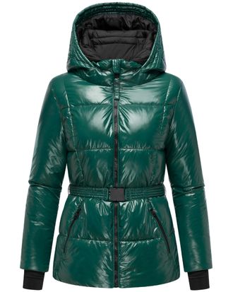 Navahoo Damen Winterjacke gl&auml;nzende warme Steppjacke mit Tailleng&uuml;rtel Eisglanz 14 Evergreen Gr. XL