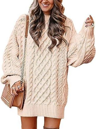 ORANDESIGNE Robe Chandail Femme Col Rond Pull Long à Manches Longues en Maille Torsadée Robes Pull-Over Oversized Automne Hiver Tops en Tricot A Rose Clair L