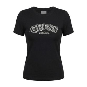 Guess Femme, Tops, Noir, Taille: 36 FR T-Shirt Imprim&eacute; &agrave; Manches Courtes et Col Rond