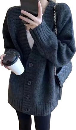 Generic Cardigan en tricot uni pour femme - Col en V - Simple boutonnage - &Eacute;l&eacute;gant et d&eacute;contract&eacute; - Pour lhiver, Gris fonc&eacute;, taille unique