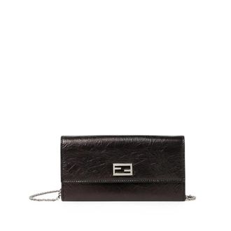 Fendi Tube Continental With Chain Black Cracked Leather Wallet