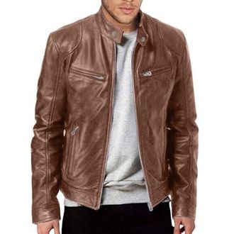 Generico Veste de mi-saison style motard décontractée et classique avec fermeture éclair en cuir PU pour homme, marron, 5X-Large