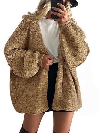 Generic Cardigan surdimensionn&eacute; en tricot &eacute;pais ouvert sur le devant pour femme, d&eacute;contract&eacute; &agrave; manches longues lanternes, manteaux dautomne tendance, camel, X
