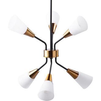 Beliani Lustre Lampe Suspension en Verre Blanc et M&eacute;tal Noir et Dor&eacute; pour 6 Ampoules E27 Max 60W &Eacute;clairage Fonctionnel pour Salle &agrave; Manger Moderne Beliani