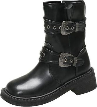 Generic Bottes de motard mi-mollet à bout carré pour femme - Bottes de moto en similicuir avec sangles à double boucle, fermeture éclair latérale pour un enfi