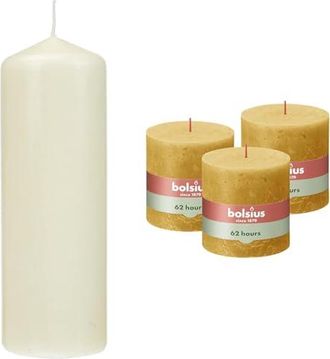 Bolsius Bundle of Bolsius - Stumpenkerzen - Elfenbein - 20 cm - Brenndauer 75 Stunden - 8 Stück + Bolsius Rustik Stumpenkerze XXL - Ockergelb - 3 Stück - 10 x