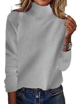 ORANDESIGNE Pull Col Roulé Femme Hiver Chaud Chic et Elegant Pulls Tricoté Pullover Manches Longues Décontracté Pull Automne A Gris XXL
