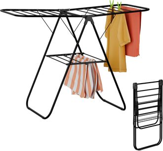 Relaxdays W&auml;schest&auml;nder klappbar, 2 Fl&uuml;gel, 2 Ebenen, Fl&uuml;gelw&auml;schest&auml;nder, HBT: 93x136x58 cm, W&auml;schetrockner, schwarz