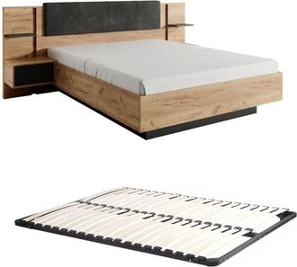 Vente-Unique Vente-unique - Lit avec chevets 140 x 190 cm - Avec LEDs - Coloris : Naturel et anthracite + Sommier - elynia