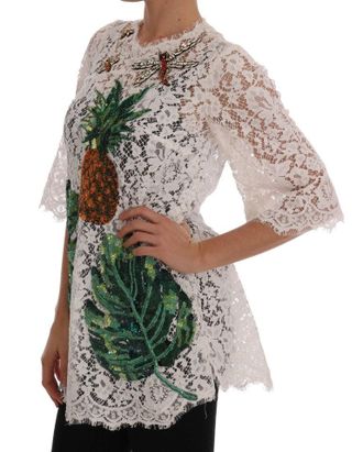 Dolce & Gabbana Womens White Crystal Embellished Lace Blouse Nylon