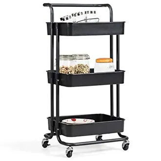 Giantex Chariot de Rangement &agrave; 3 Niveaux avec 3 Paniers, Chariot de Cuisine Service avec 4 Roues Universelles & 2 Freins, Desserte &agrave; roulettes pour Cuisine, S