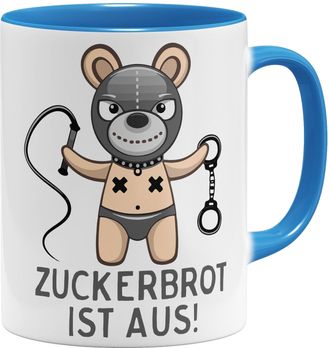 OM3 Zuckerbrot ist aus! SM Teddy Kaffee-Tasse mit frechem Spruch - Keramik Becher - 325ml - Beidseitig Bedruckt - Hellblau