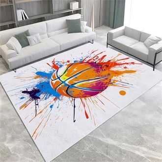 Generic Basket Ball Décoratif Tapis, Tapis à Poils Courts et Doux Moelleux - Moquette Style Graffitis Lavable Antidérapant 140 x 200 cm pour Chambre à Coucher