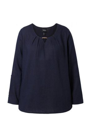 Ulla Popken Druckbluse Bluse Leinenmix Zierspange Rundhals 3/4-Arm