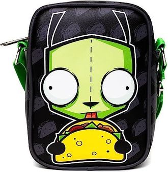 Buckle Down Sac Nickelodeon, Sac &agrave; bandouli&egrave;re, Invader Zim GIR Taco Pose Avec Imprim&eacute; Taco Noir Gris, Cuir Vegan, noir, 8.25 x 6.5