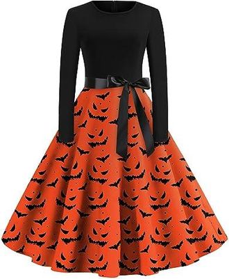 Generic Costume Halloween Femme Robe dhalloween Imprimée à Manches Longues Cocktail Swing Cosplay Hepburn Costumes Deguisement (Beige,M)